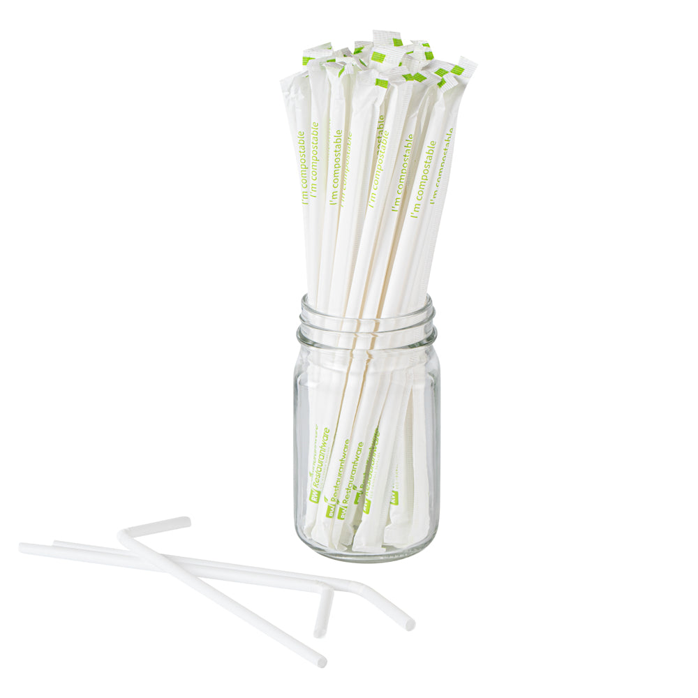 Basic Nature White PLA Plastic / PBAT Plastic Straw - Wrapped, Flexible, Compostable - 8 1/4 ...