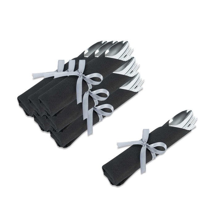 Moderna Silver Plastic Cutlery Set - with Black Napkin, Silver Ribbon ...