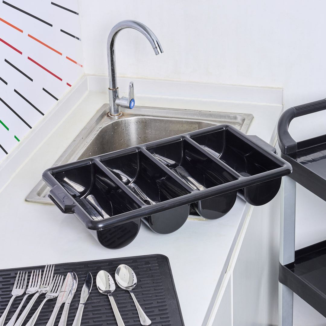 RW Clean Black Plastic Cutlery Box - 4 Compartments, with Handles - 22 ...